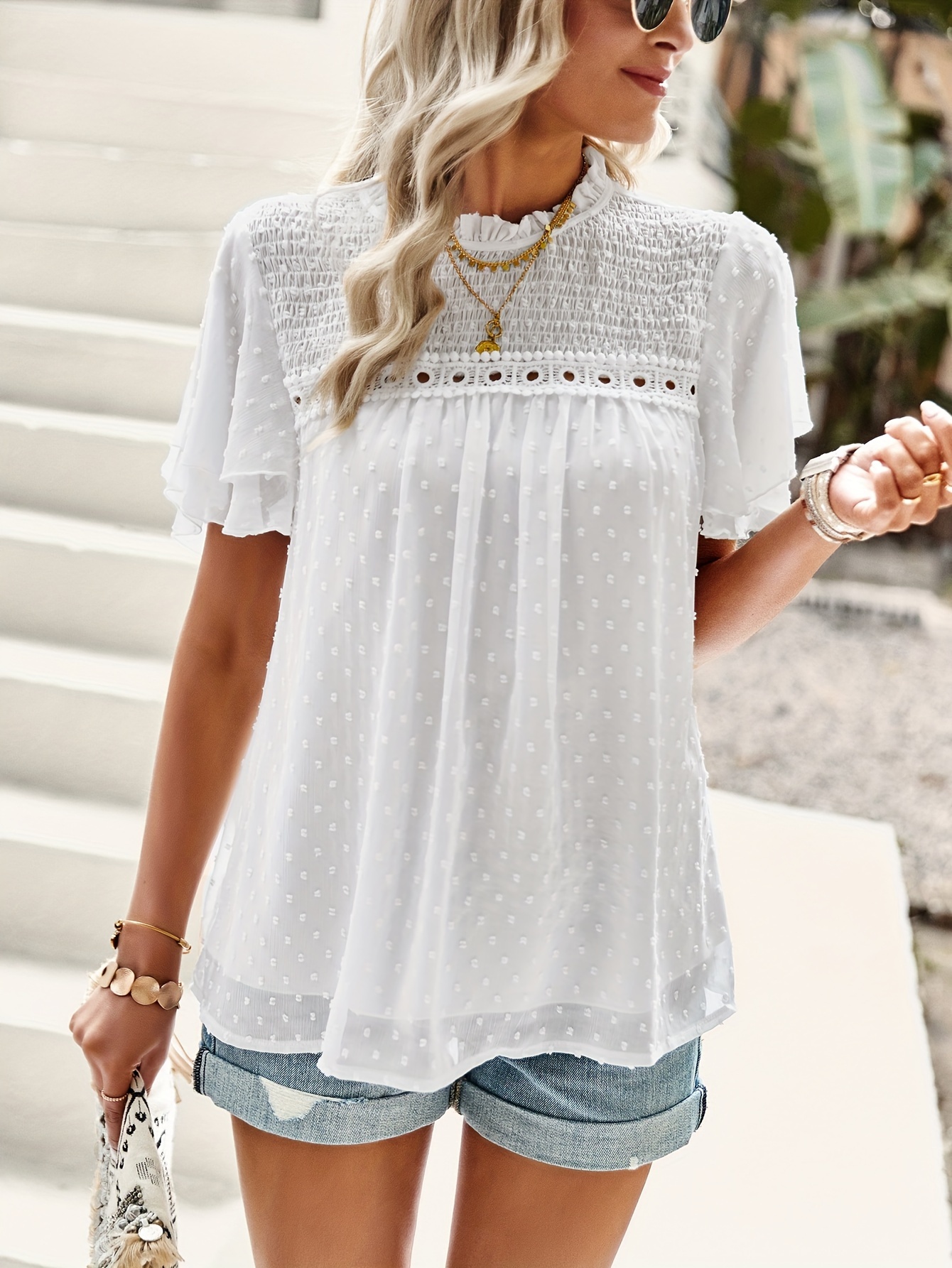 Dot Mock Neck Blouse Casual Layered Sleeve Cut Blouse - Temu Australia