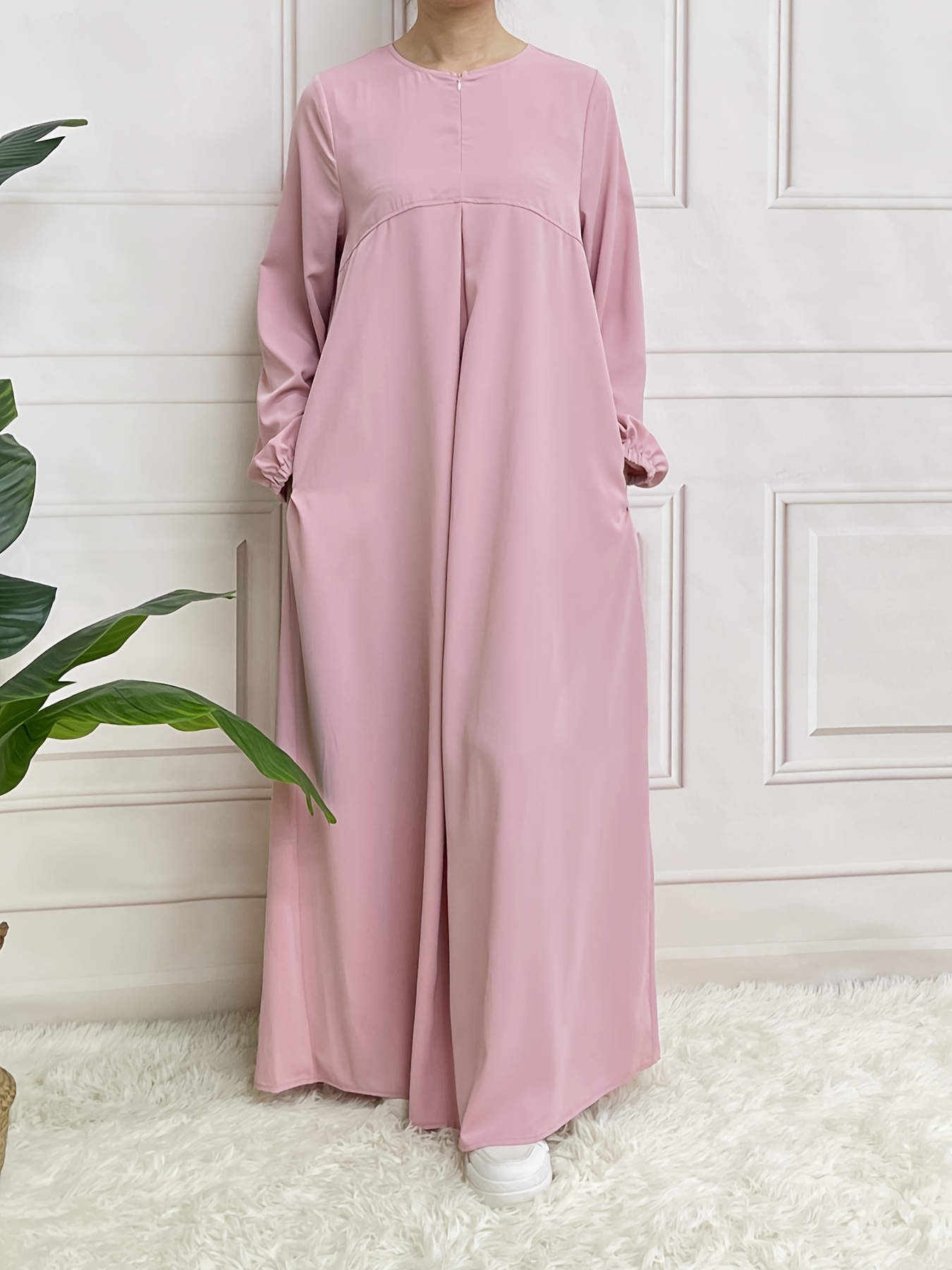 Ramadan Crew Neck Lantern Sleeve Abaya Solid Color Maxi - Temu Australia
