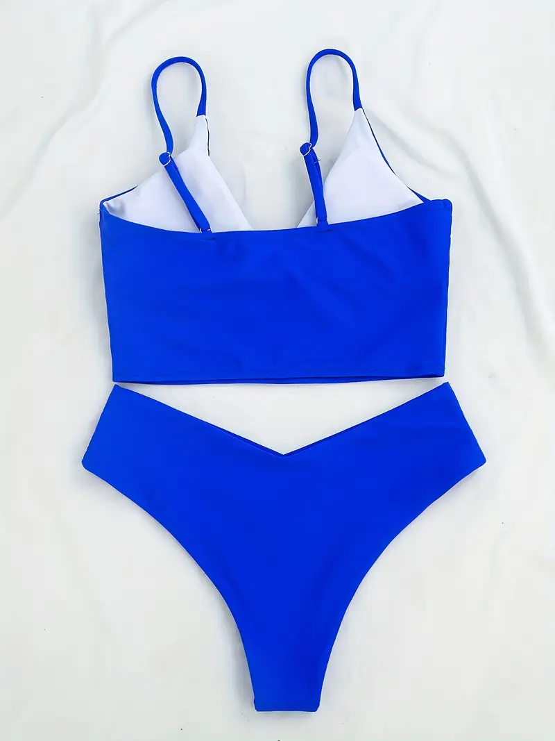 Solid Color Stretchy V Neck Bikini Set Spaghetti Straps Temu