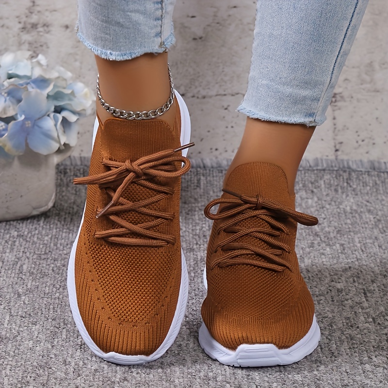 Knitted Running Sneakers Women s Solid Color Lace Low Top - Temu Canada