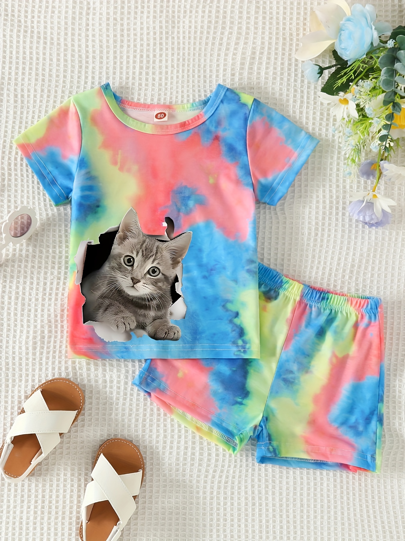 Popular Stylish Tie Dye Cat 3d Print Outfit Short Sleeve Tee - Temu New ...