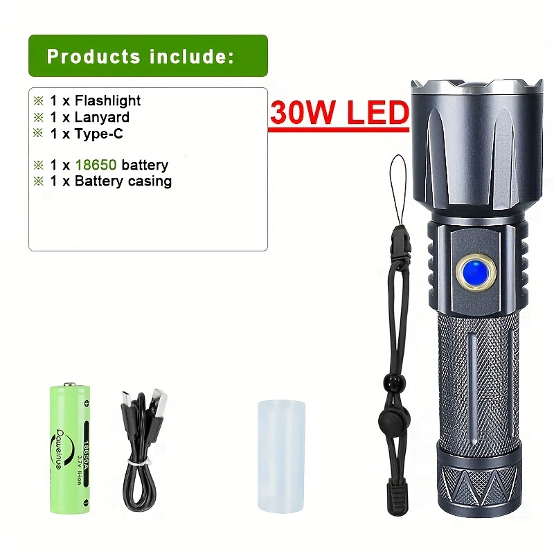 Super Powerful 30w White Laser Led Flashlight Adjustable Focus Type C ...