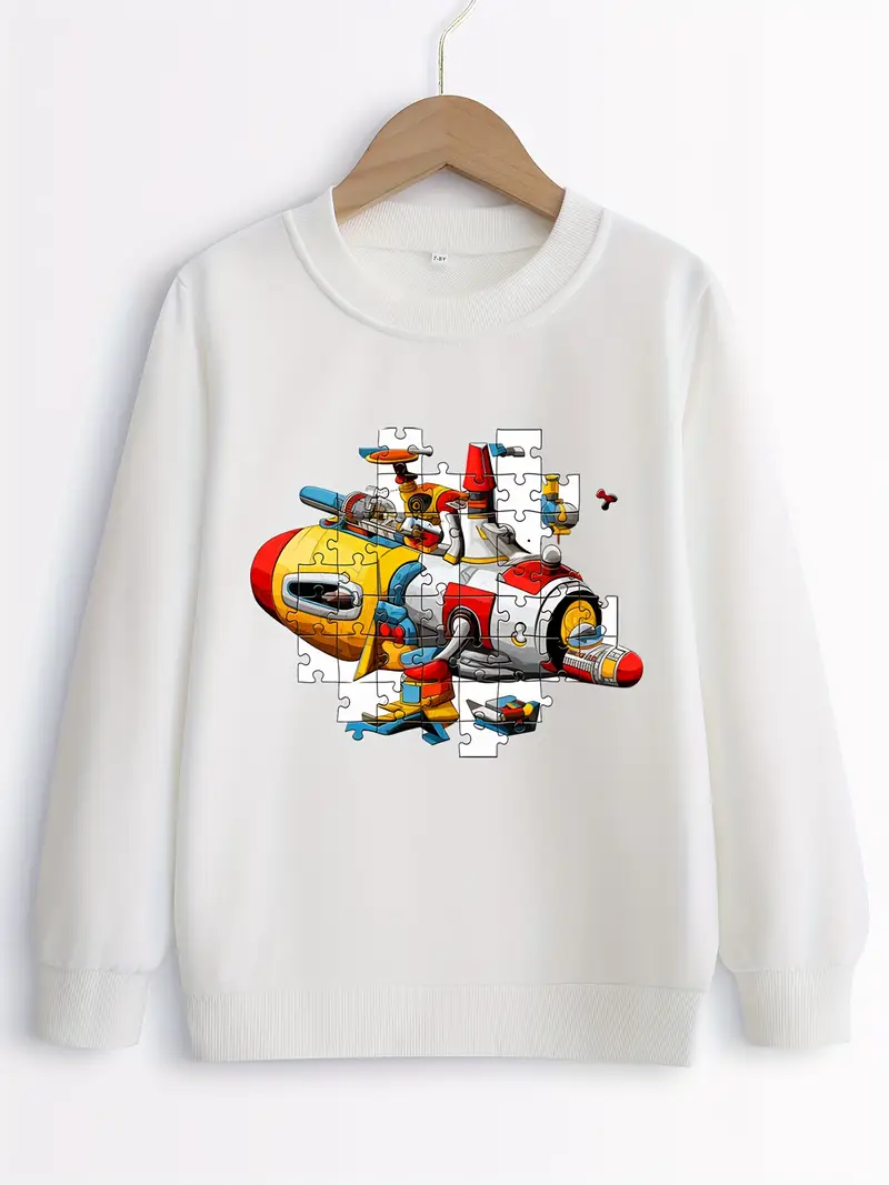 漫画の飛行機のパズルパターンプリントスウェットシャツ キッズボーイズ用 お子様を暖かくトレンディに保ちます。 Temu Japan