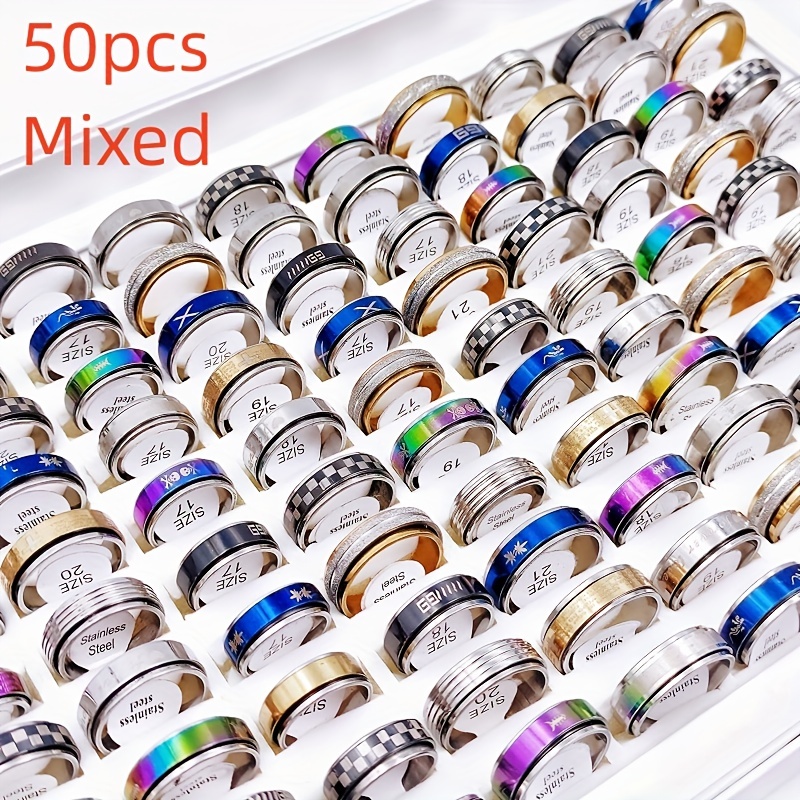 50pcs Trendy Stainless Steel Rotatable Rings Jewelry For Men | 24/7 ...