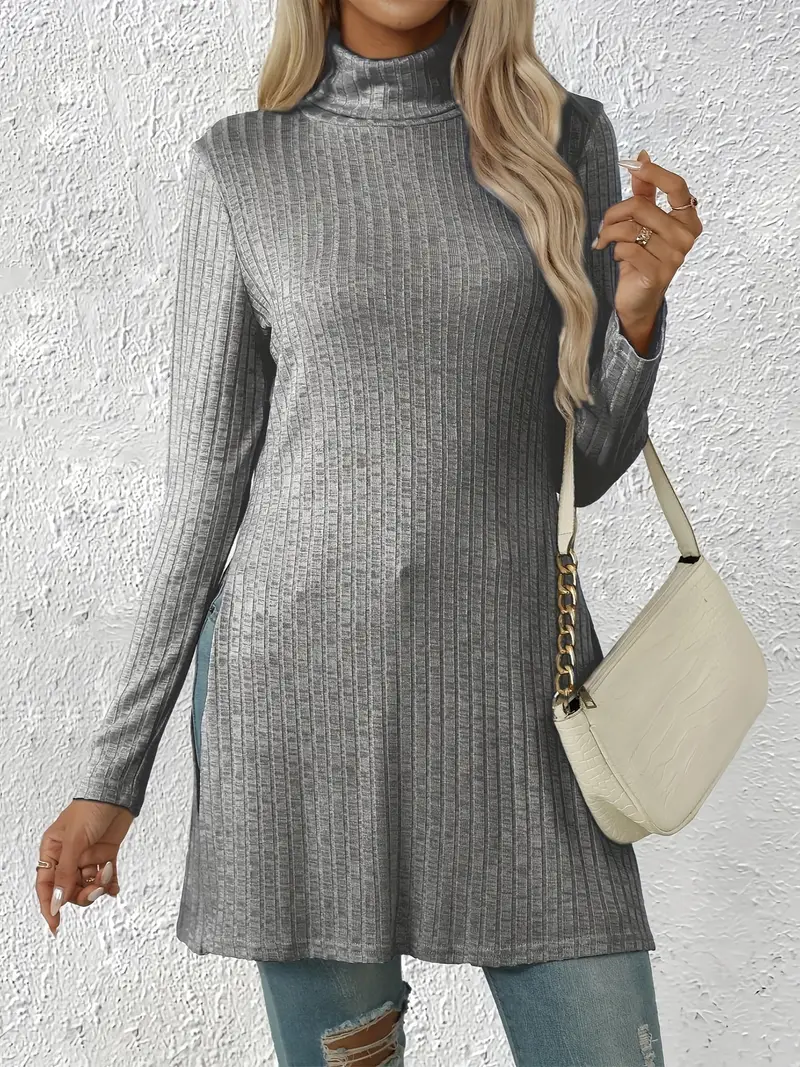 Solid Turtle Neck Rib Knit Sweater Elegant Long Sleeve Split Temu