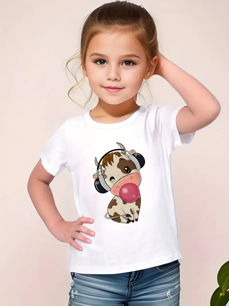 Cow Graphic Short Sleeve T Shirt 100 Cotton Girls Cute Temu New Zealand