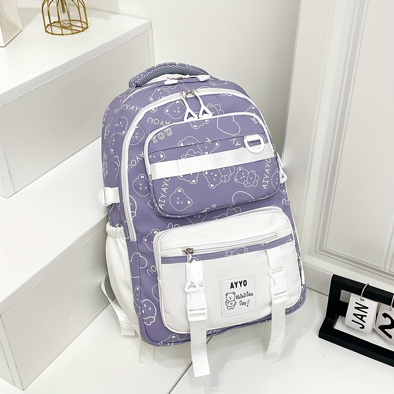 Trendy Color Blocking Backpack Cute Bear Print Multi pocket - Temu ...