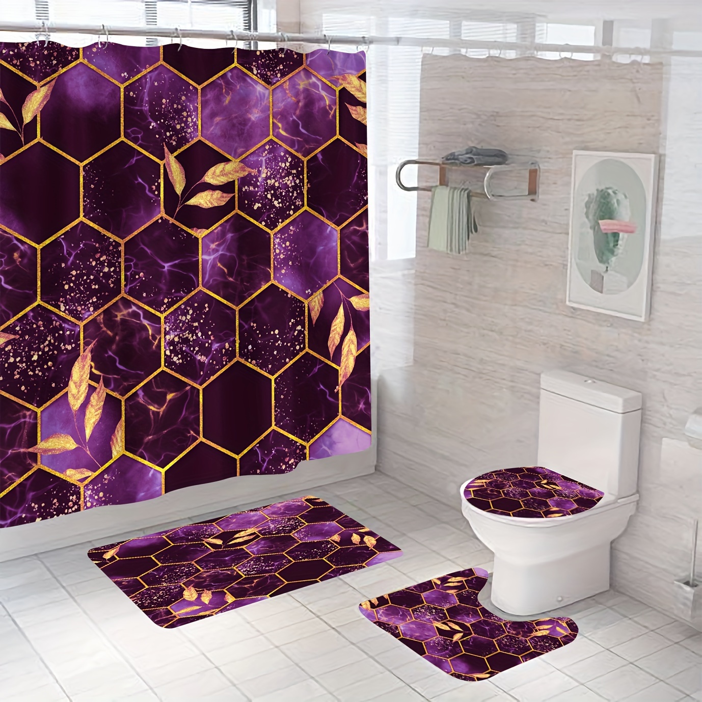 Purple Honeycomb Print Shower Curtain Set Bathroom Rug U - Temu Ireland
