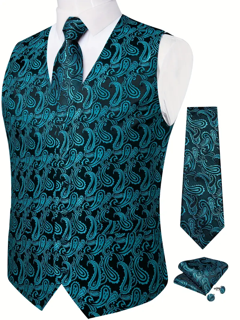 Plus Size Mens Green Flora Jacquard Silk V Neck Vest Suit Temu Australia