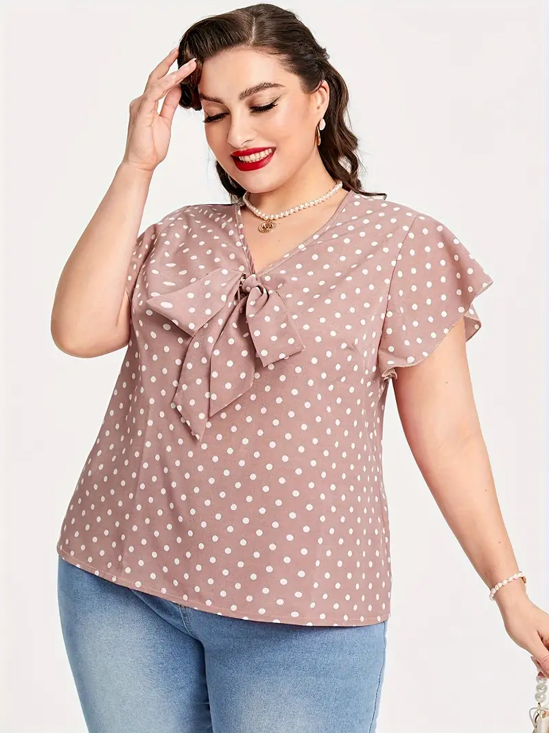 Plus Size Polka Dot Print Blouse Elegant V Neck Ruffle Temu South Africa