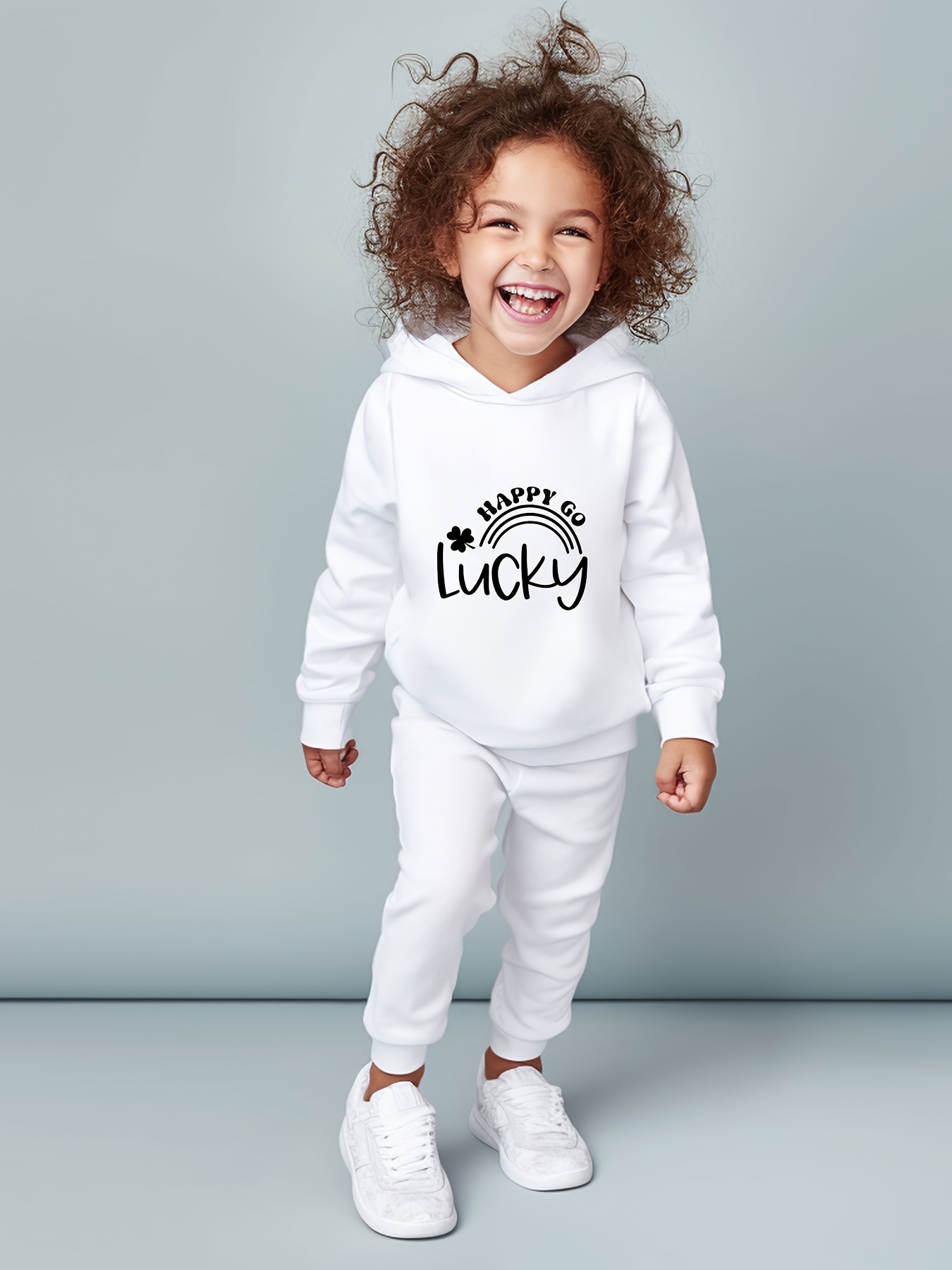 Happy Go Lucky Clover Rainbow Print Outfits Girls Versatile - Temu Portugal