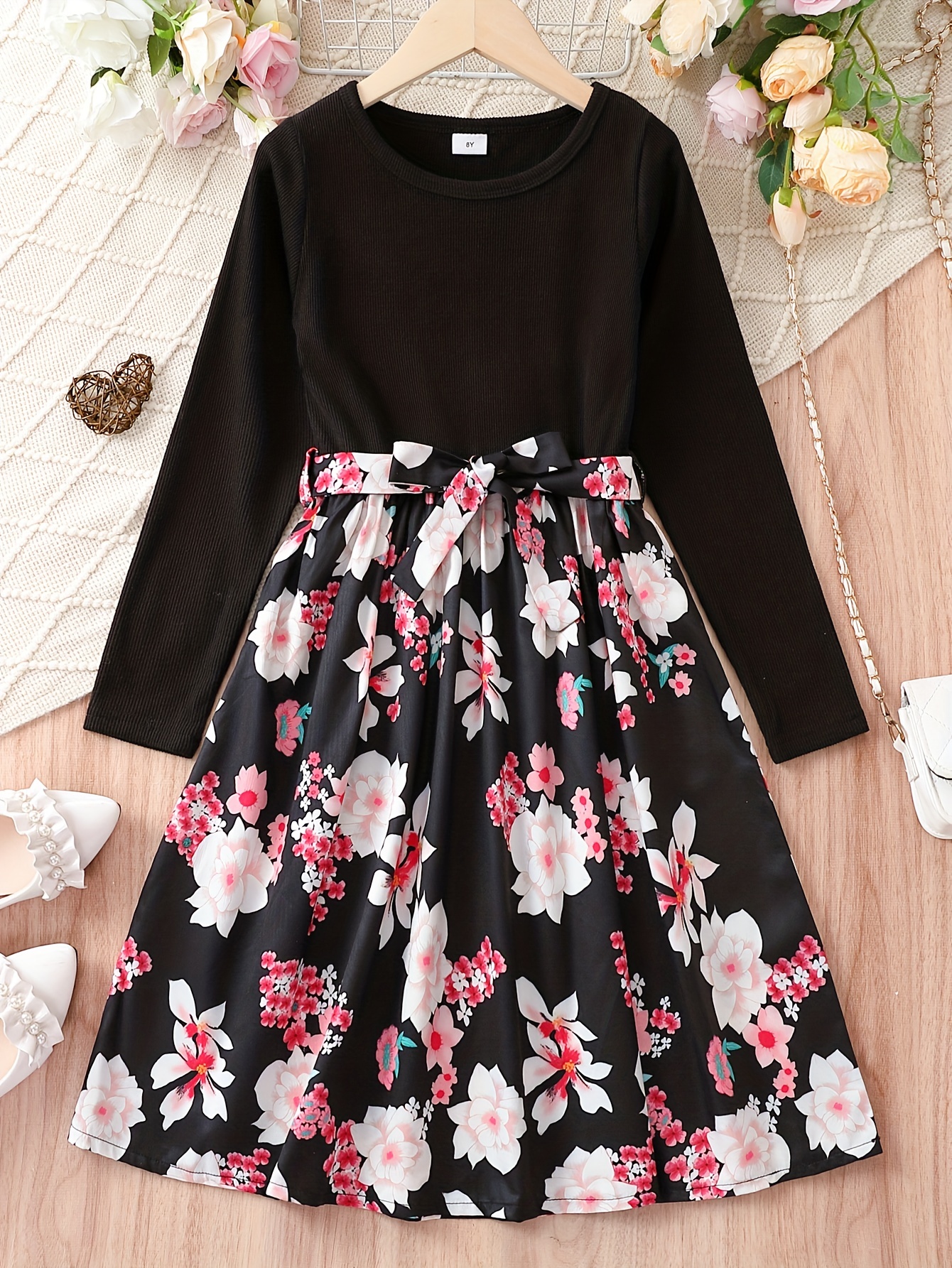 Toddler Girls Elegant Flora Dress Bowknot Belt Ribbed Sleeve - Temu New ...
