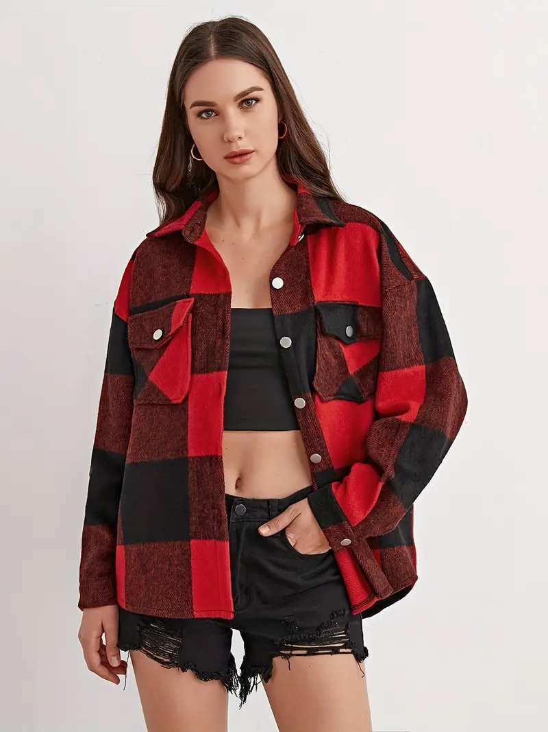 Plaid Print Color Block Jacket Casual Classic Button Front Temu New