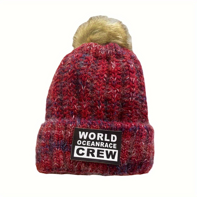 Colorful Letter Patched Knit Hat Pom Poms Windproof - Temu Australia