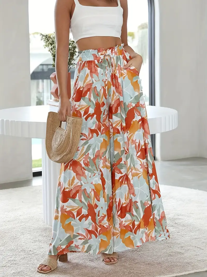 Floral Print Drawstring Palazzo Pants Boho Vacation Elastic Temu