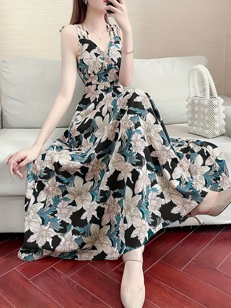 Floral Print Spaghetti Strap Dress Boho V Neck Backless Midi Temu