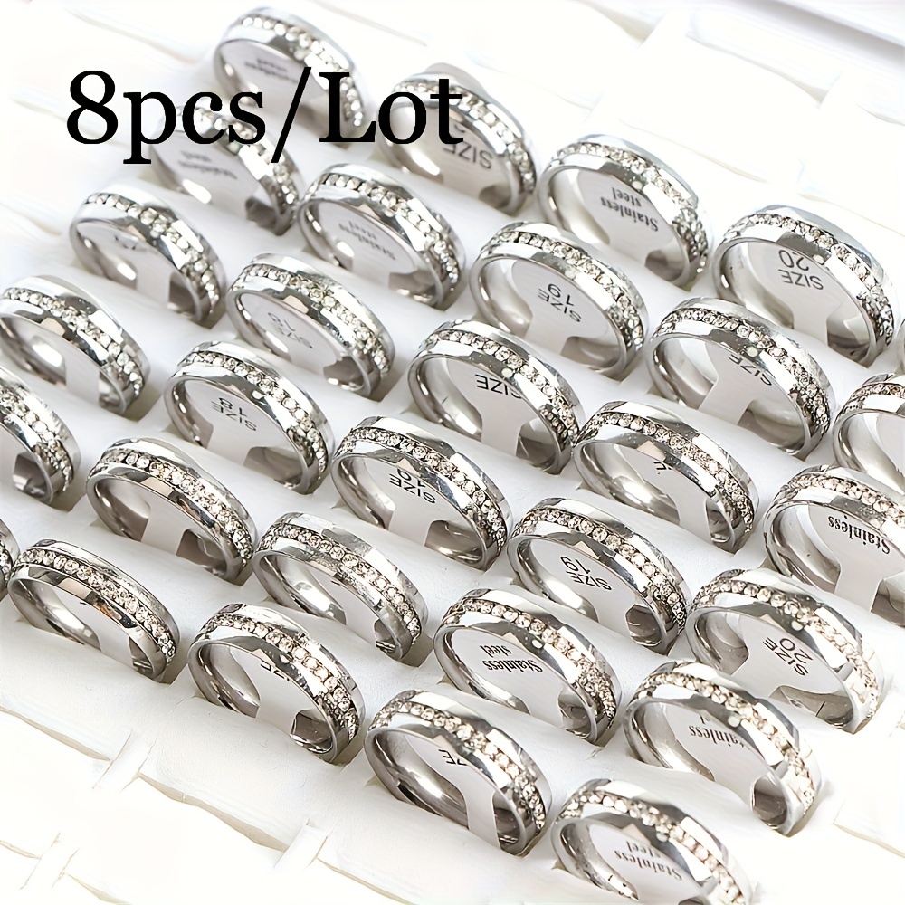 Fashion Full Shiny Rhinestones Stainless Steel Rings Jewelry - Temu ...