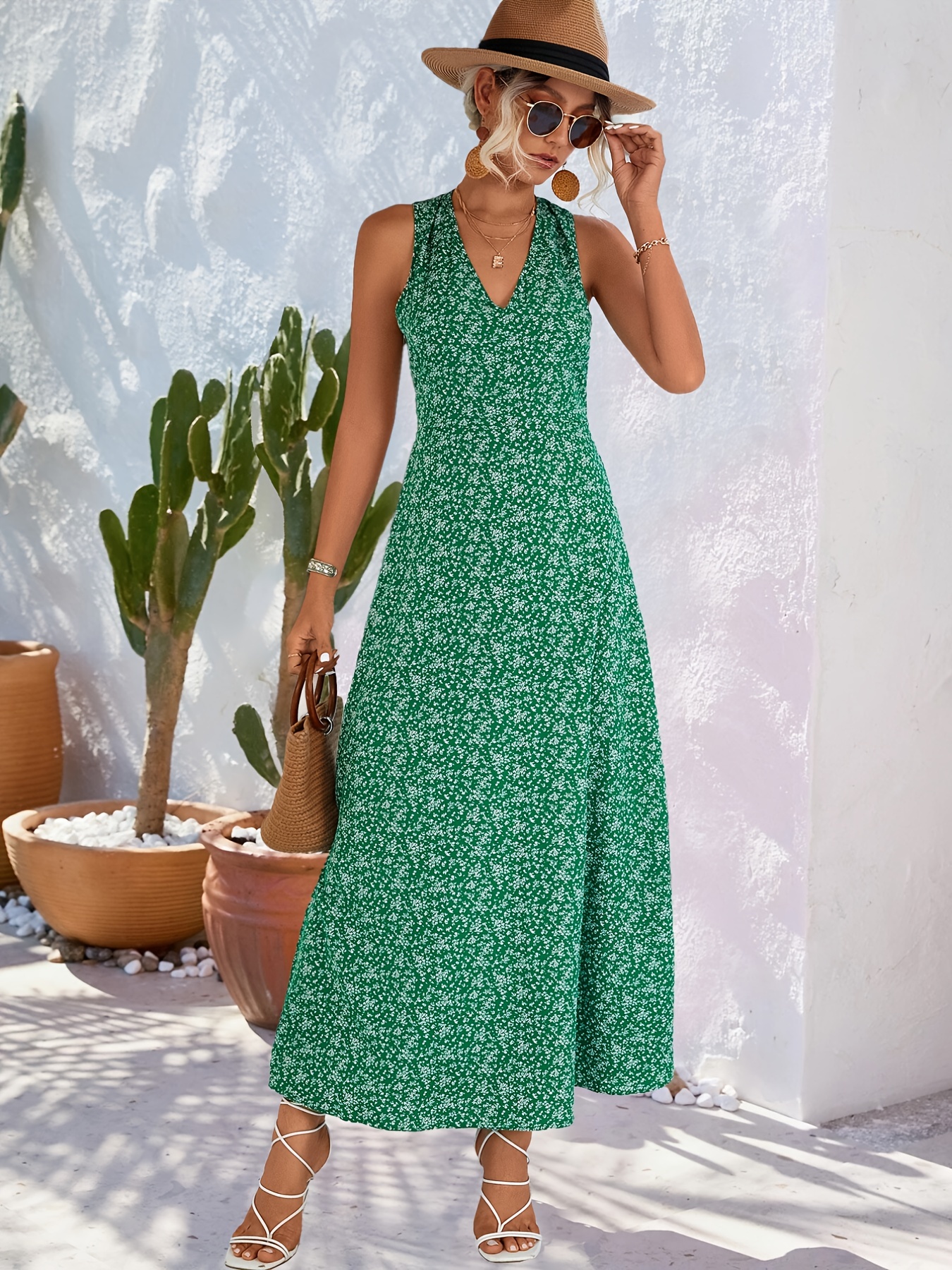 Polka Dots Floral Print Backless Dacron And Spandex Dress, Women's ...