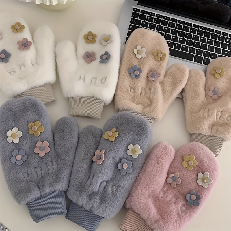 Cute Flower Decor Plush Mittens Elastic Knit Cuff Furry - Temu Canada