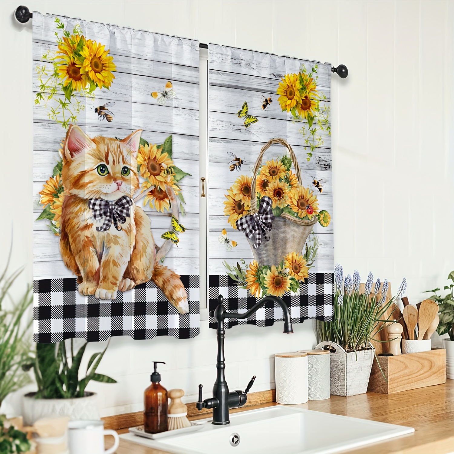 country style cat sunflower kitchen curtain tiers Temu