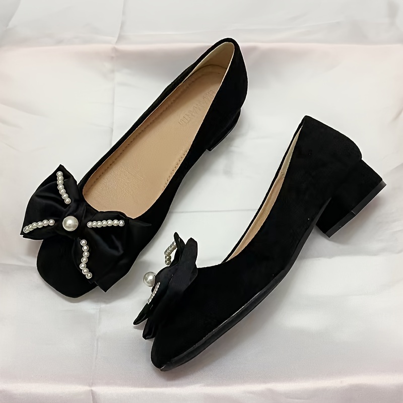 Women's Faux Pearl Bowknot Decor Chunky Heels Elegant Square - Temu ...