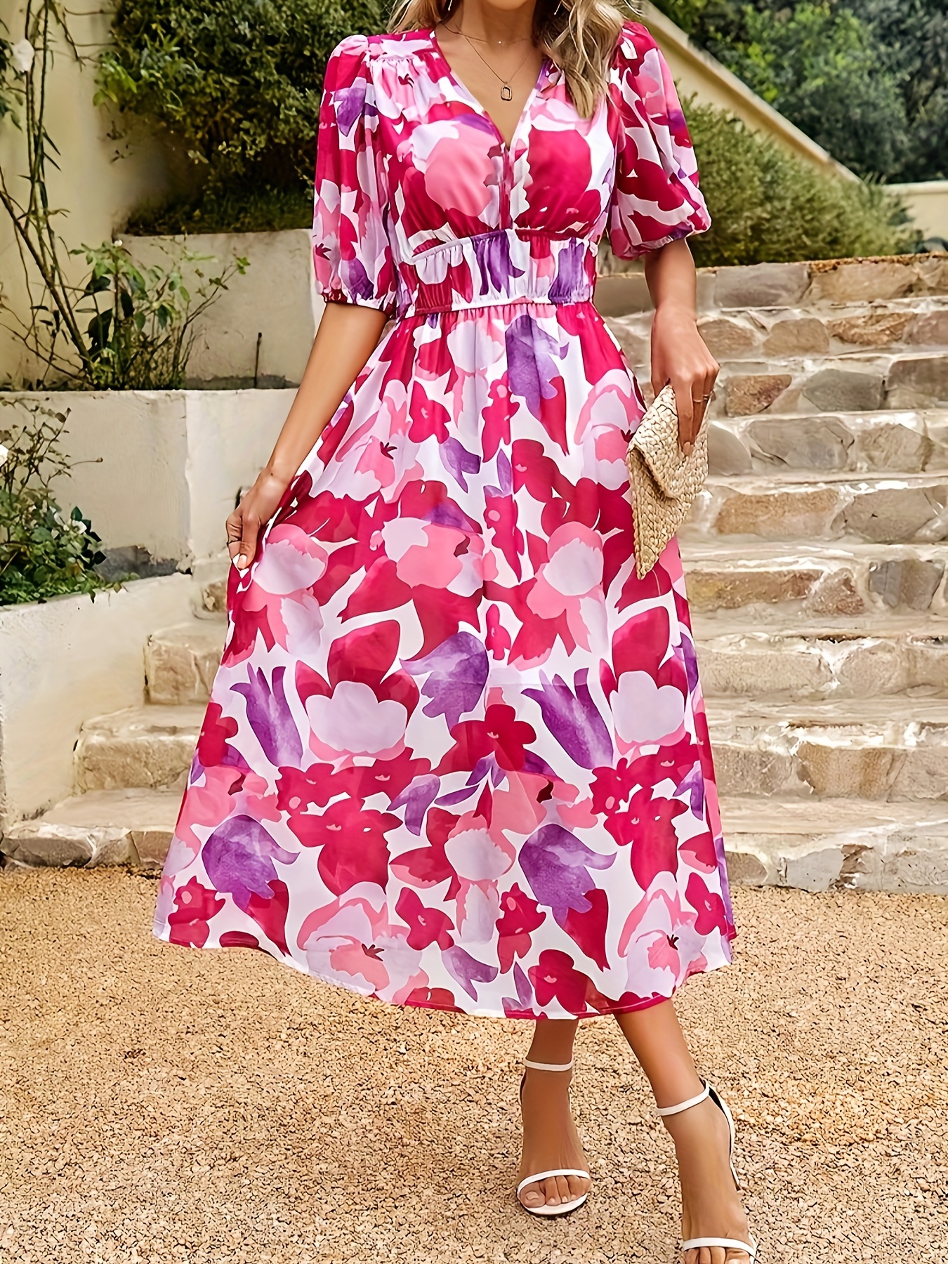 Allover Print V Neck Dress Elegant Short Sleeve Dress Spring - Temu Canada