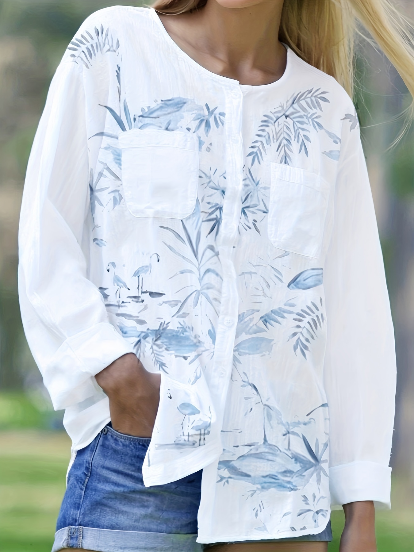Plants Print Crew Neck Button Front Pockets Blouse Casual - Temu ...