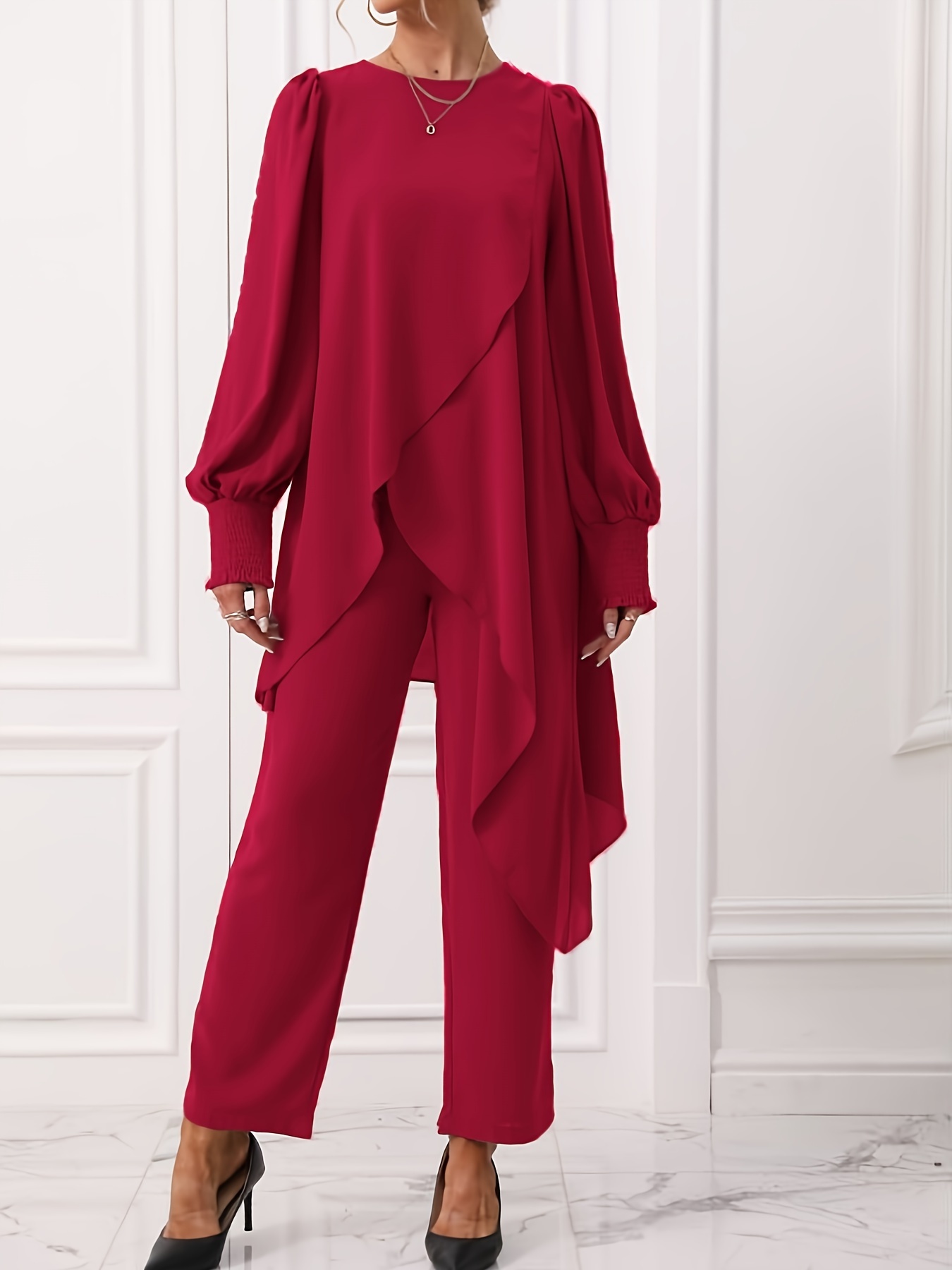 Casual Two piece Set Asymmetrical Hem Long Sleeve Top Pants - Temu Canada