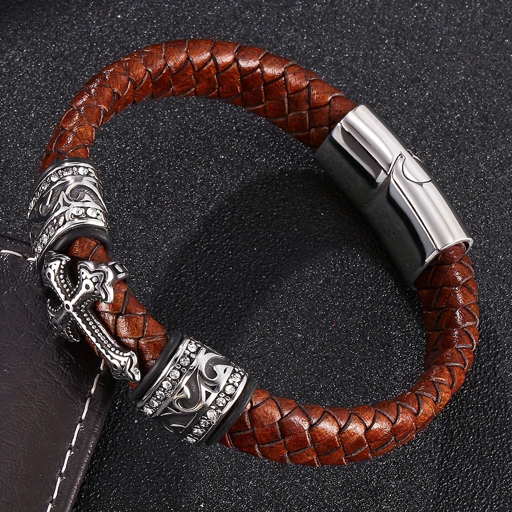 Leather Bracelet Casual Style Men's Bracelet Cross Stainless Steel ...