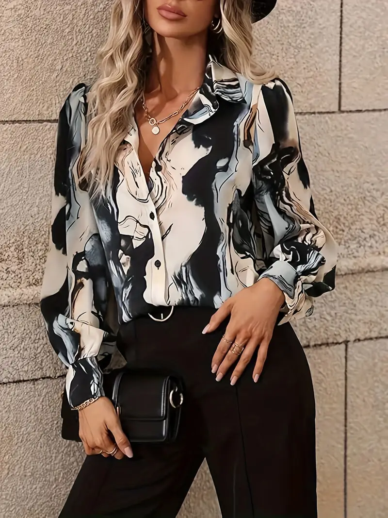 Abstract Print Button Front Shirt Casual Long Sleeve Collar Temu