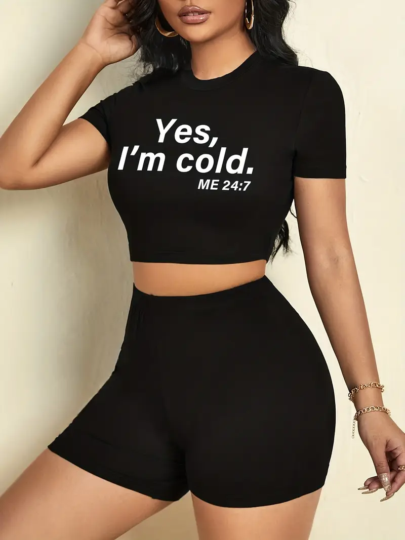 Im Cold Print Two Piece Set Short Sleeve Casual Crop Top Temu New Zealand