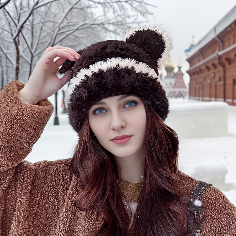 Cute Bear Ear Plush Hat Stylish Double Color Thick Warm - Temu Canada