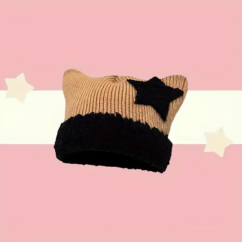 Cute Star Patch Y2k Beanie Trendy Color Block Cat Beanie Temu
