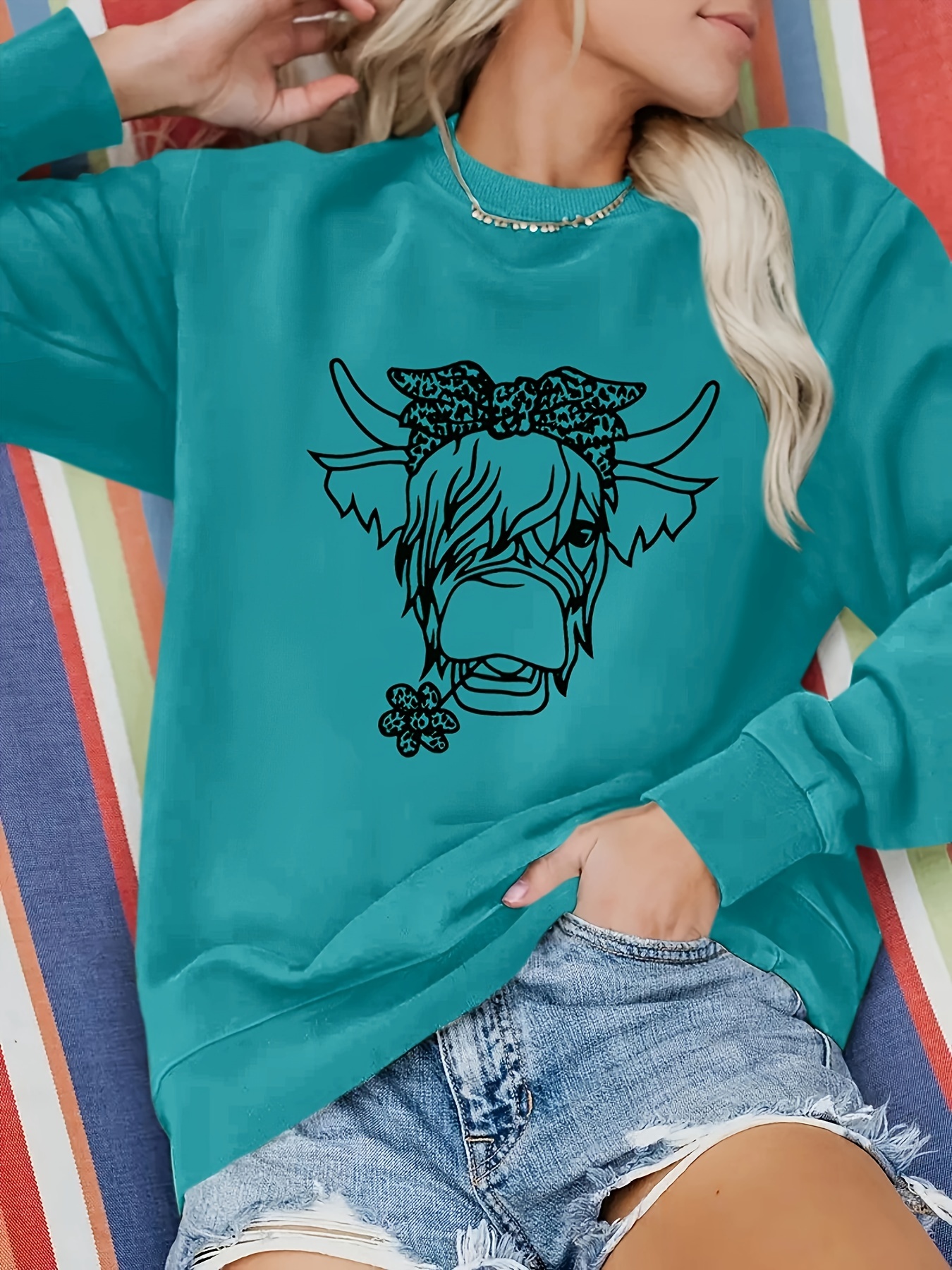 Cow Print Drop Shoulder Sweatshirt Crew Neck Casual - Temu New Zealand