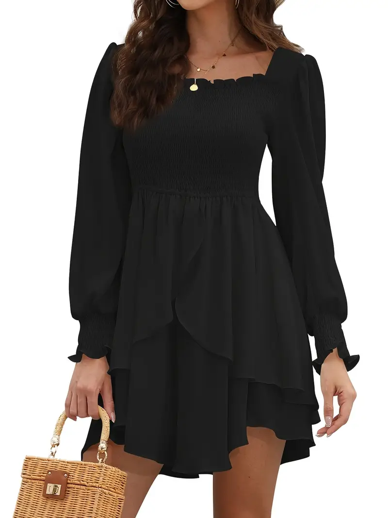 Shirred Puff Sleeve Layered Dress Elegant Squared Neck High Temu
