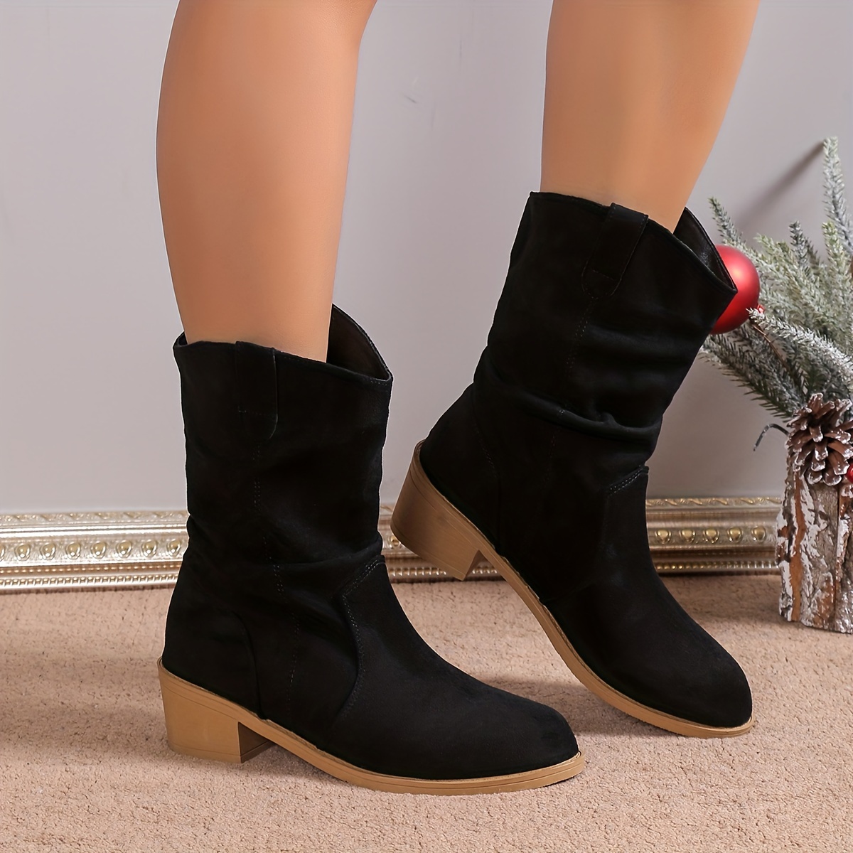 Women's Solid Color Chunky Heel Boots Casual Slip Calf - Temu United ...