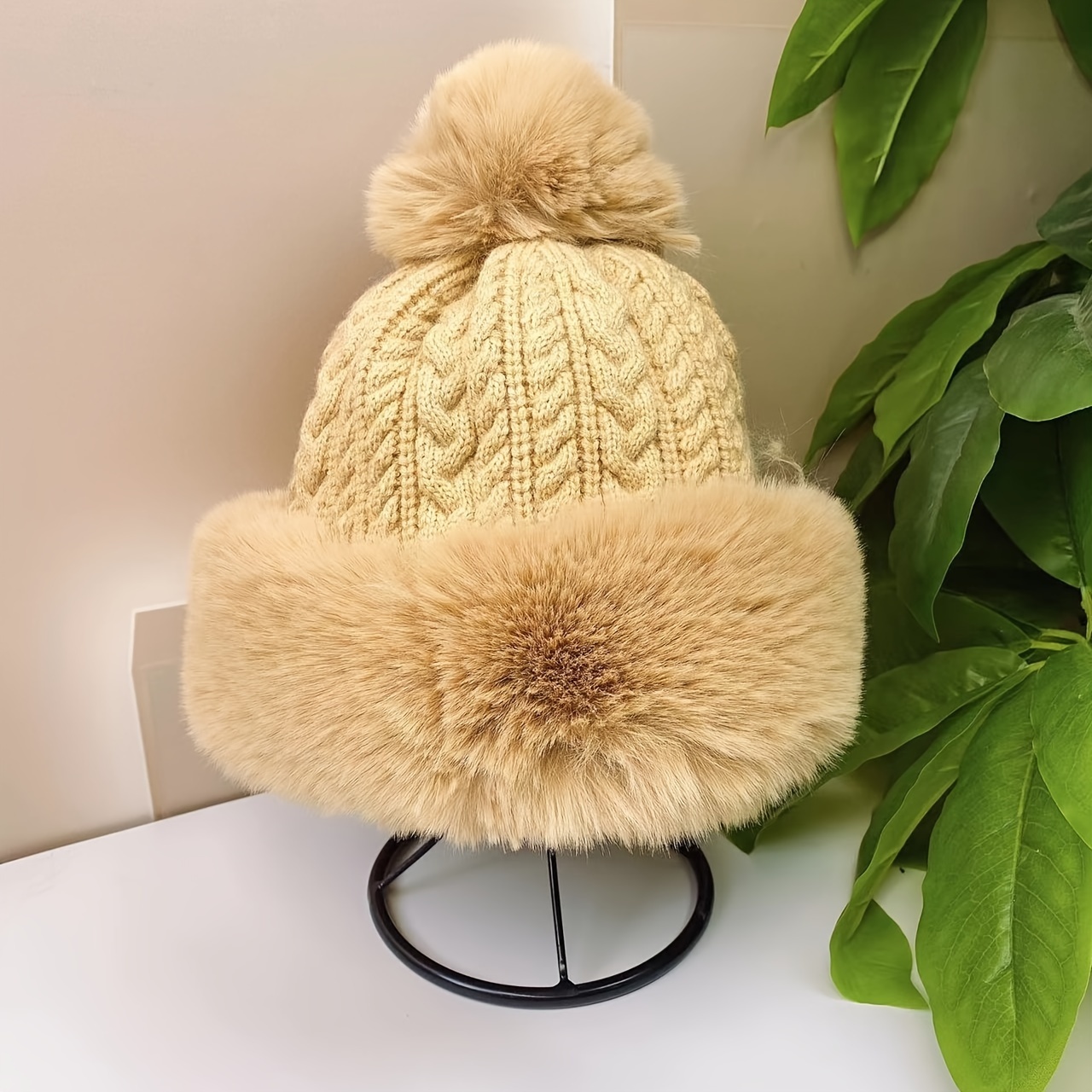 Thickened Fuzzy Beanie Pom Solid Color Coldproof Winter Knit - Temu ...