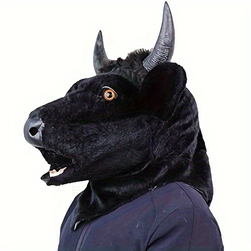 Latex Realistic Plush Warm Black Bull Mask With Horn Unique Funny ...