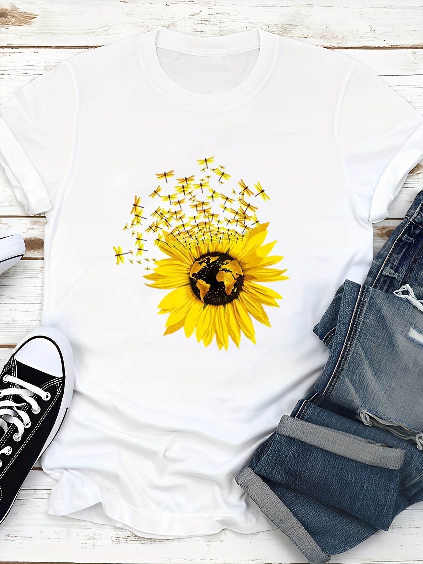 Sunflower Print Crew Neck T shirt Casual Short Sleeve Top - Temu Norway