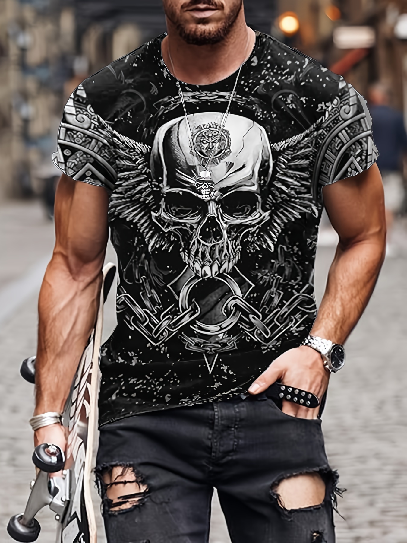 skull 3d pattern print men's short sleeve comfy t shirt - Temu