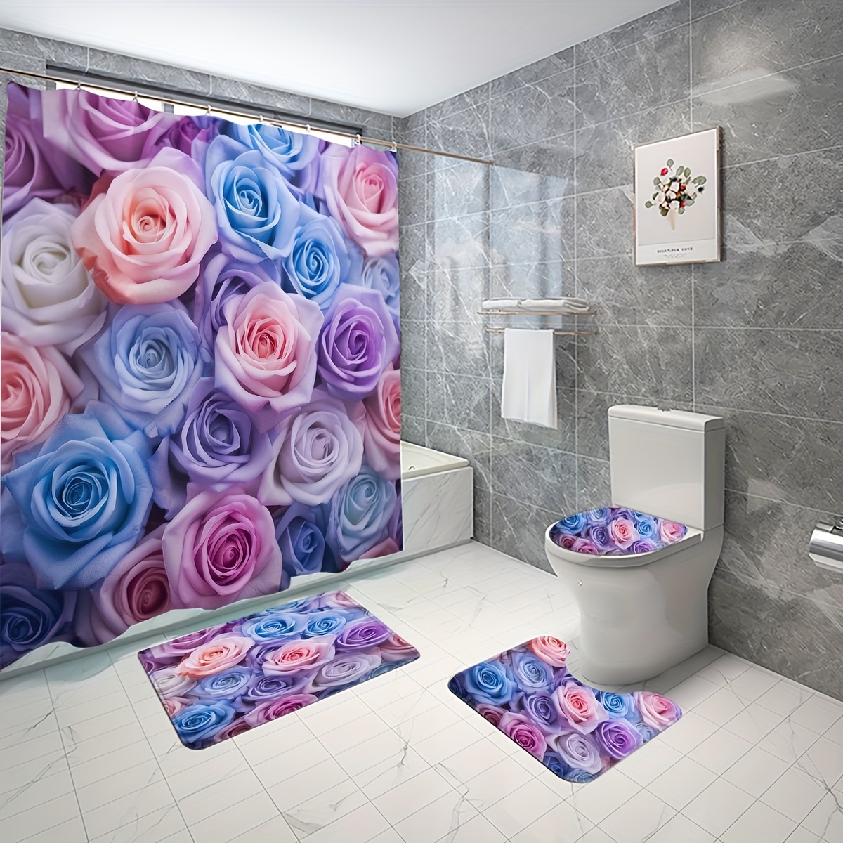 Colorful Rose Pattern Shower Curtain Set Waterproof Bath - Temu Ireland