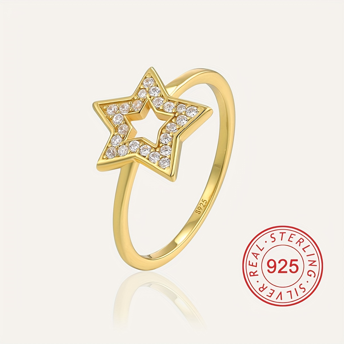925 Sterling Silver Promise Ring Cute Star Design Paved Shining Zirconia 18k Gold Plated ...