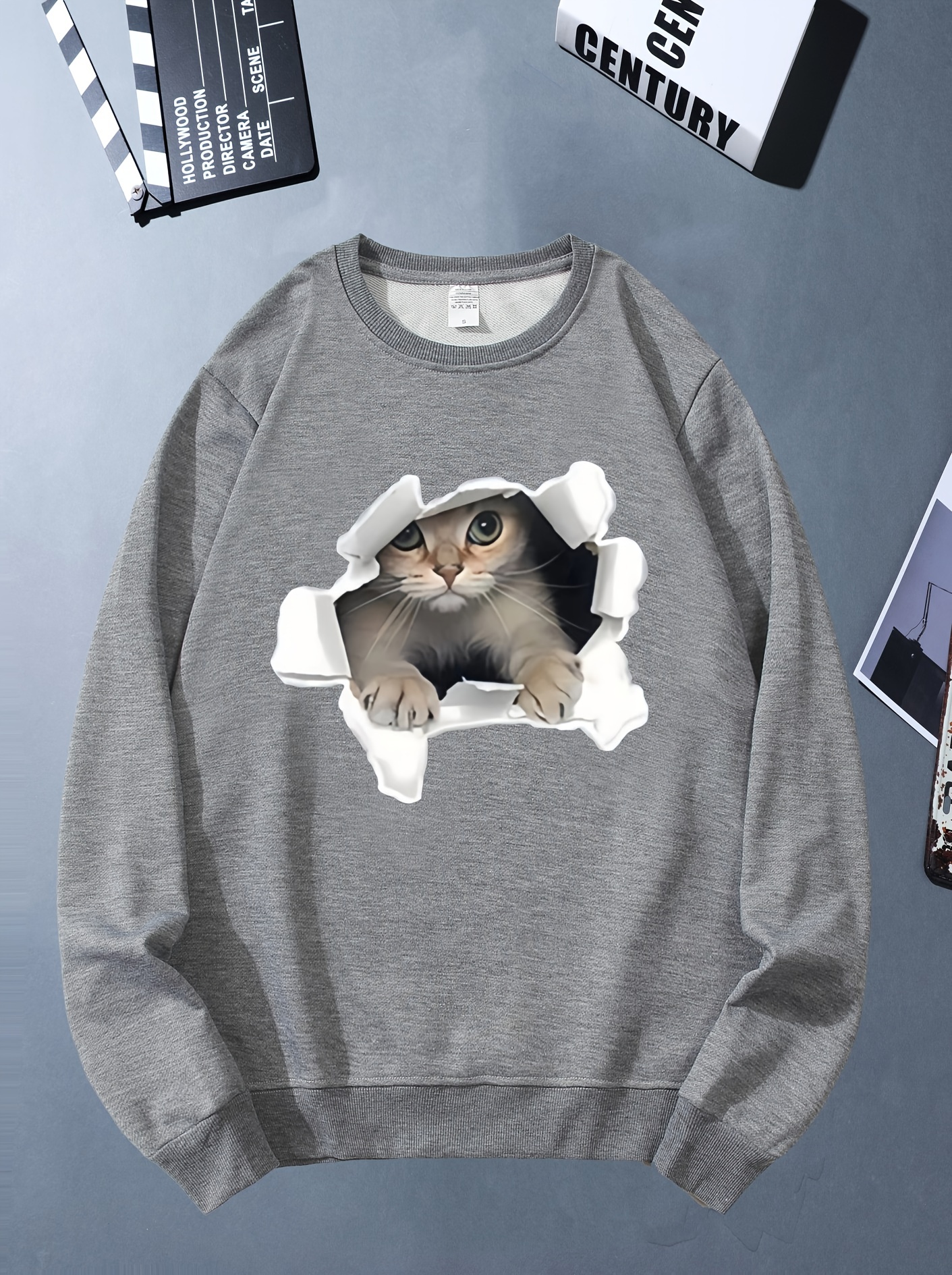 Cute Cat Print Pullover Sweatshirt Casual Long Sleeve Crew - Temu Canada