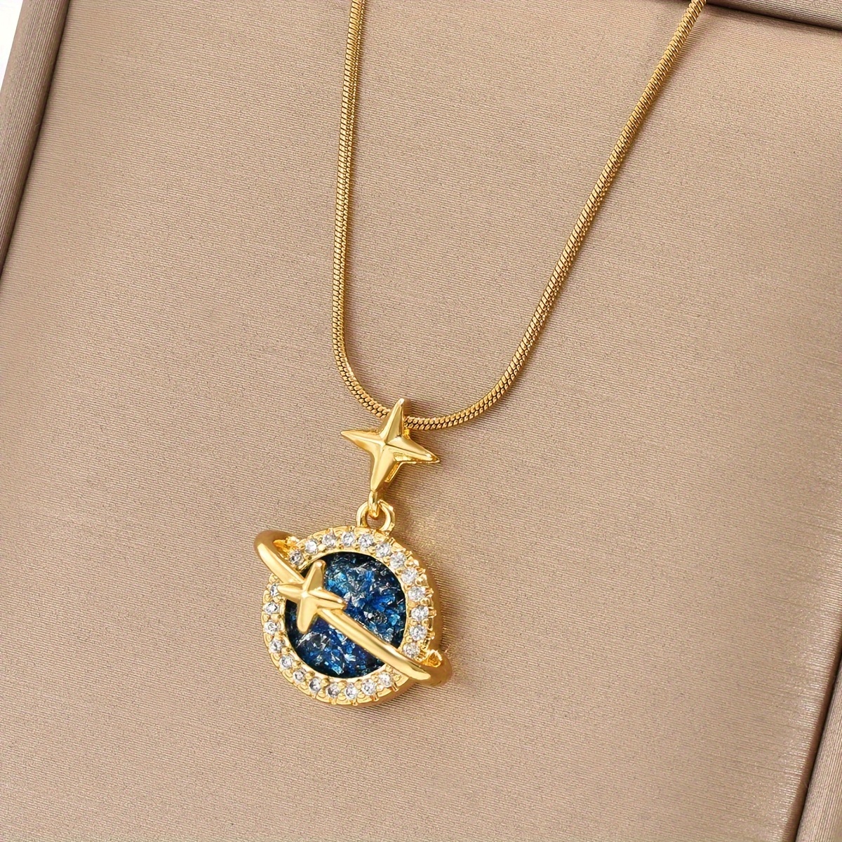 Golden Stainless Steel Necklace With Cubic Zirconia Planet - Temu ...