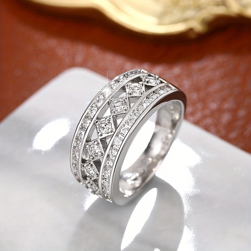 Chic Band Ring Paved Shining Zirconia Silver Plated Symbol - Temu ...
