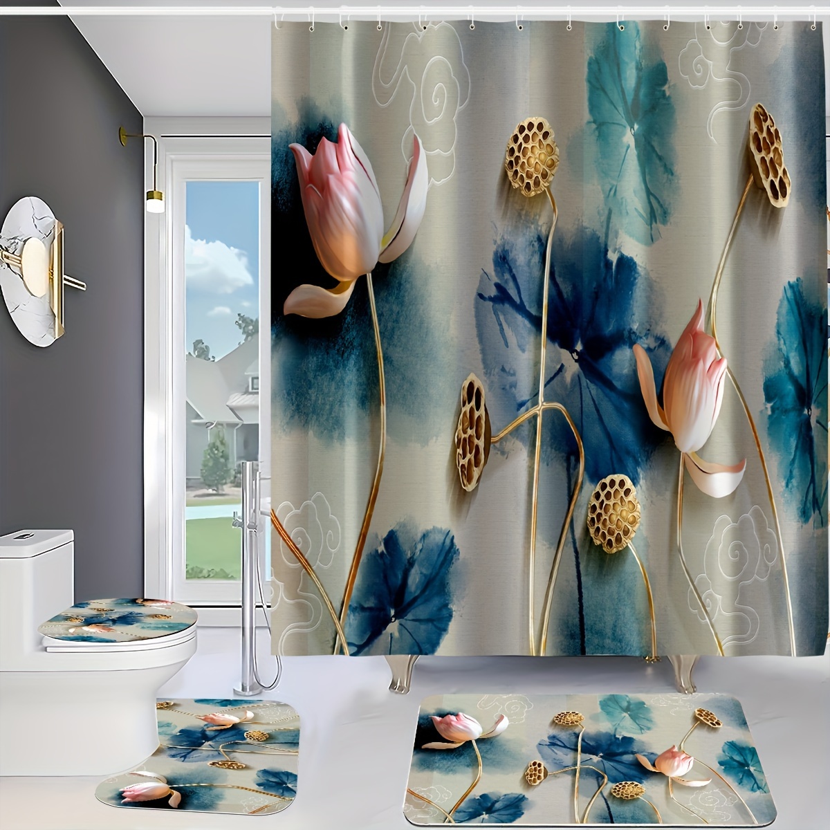 Lotus Pattern Shower Curtain Set Waterproof Shower Curtain - Temu Australia
