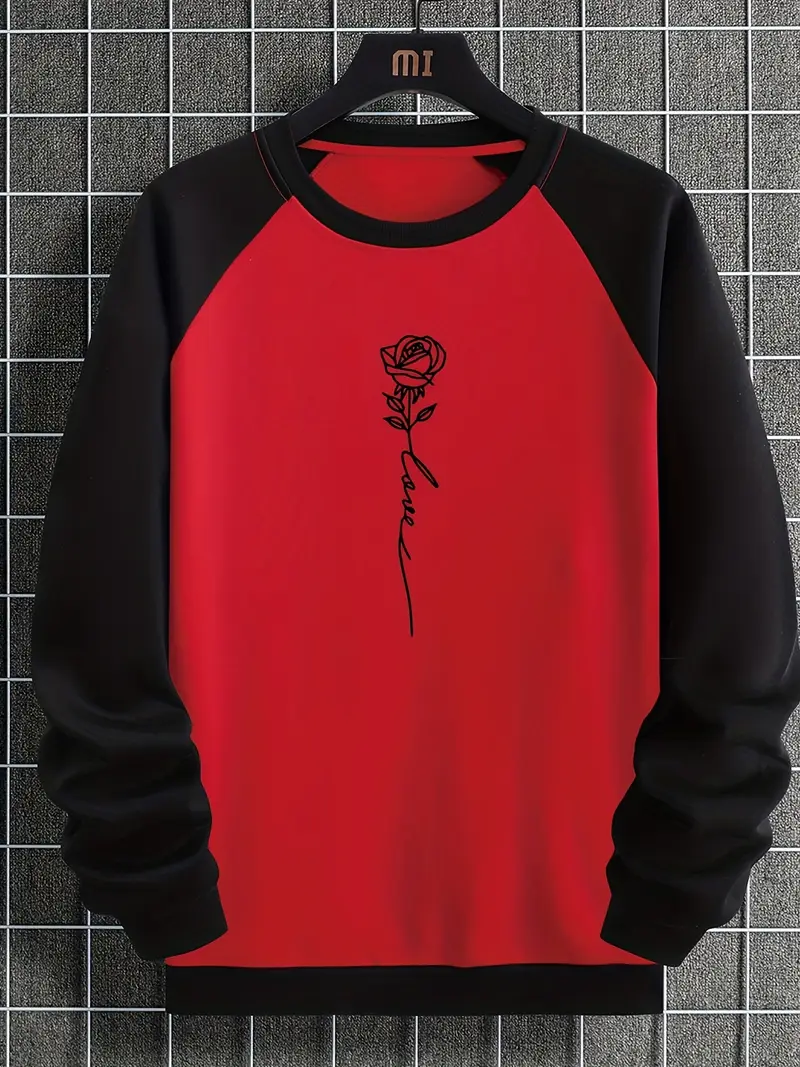 Mens Casual Trendy Crewneck Rose Element Graphic Print Long Temu Norway