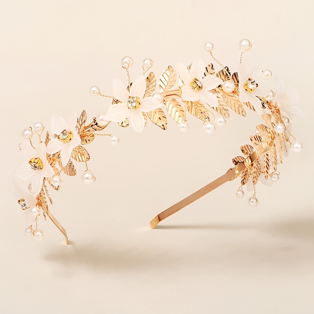 Flower Leaf Faux Pearl Golden Crown Hairband Headband Party - Temu ...