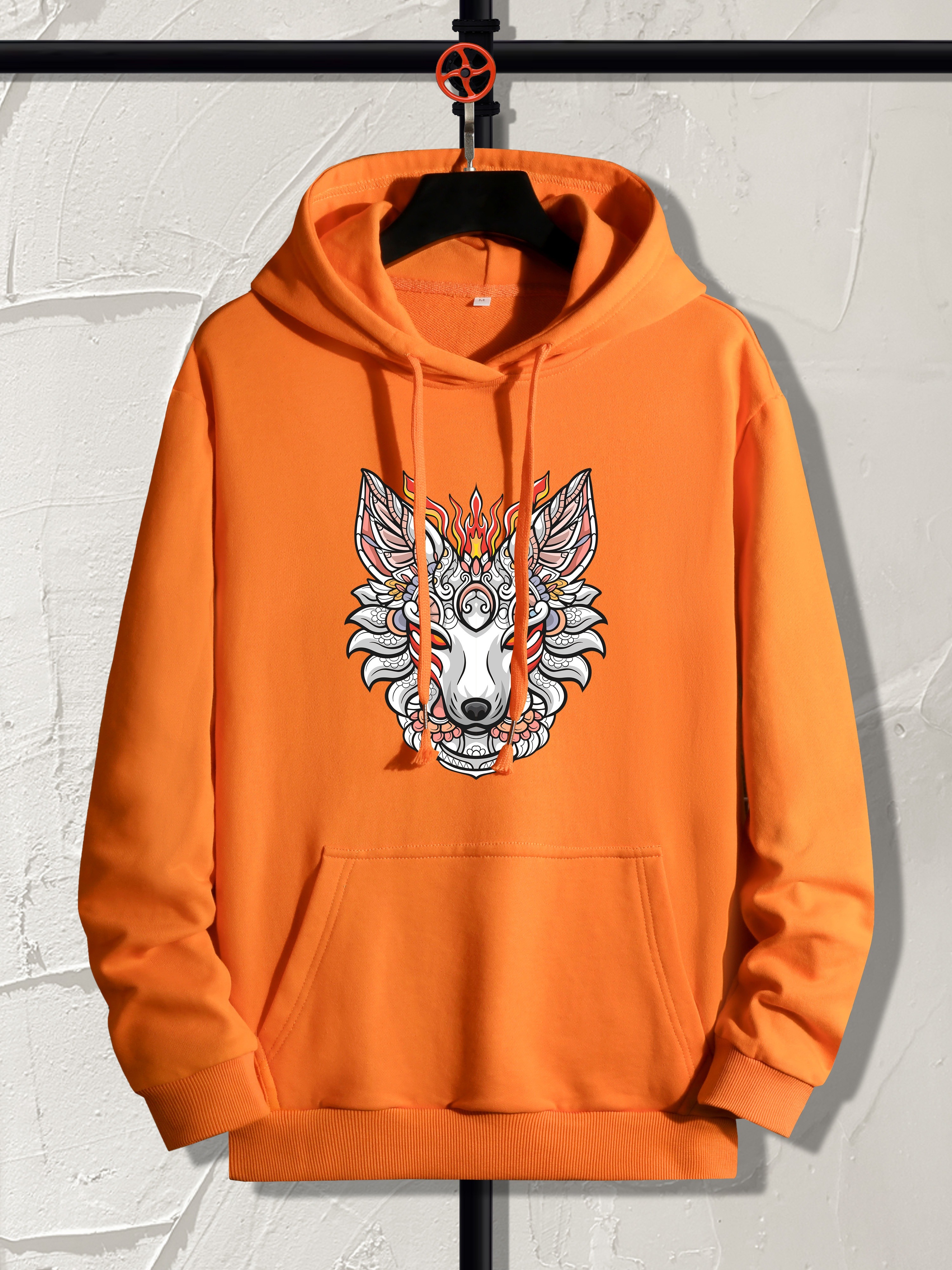 Fox Totem Print Hoodies For Men Graphic Sweatshirt With Kangaroo