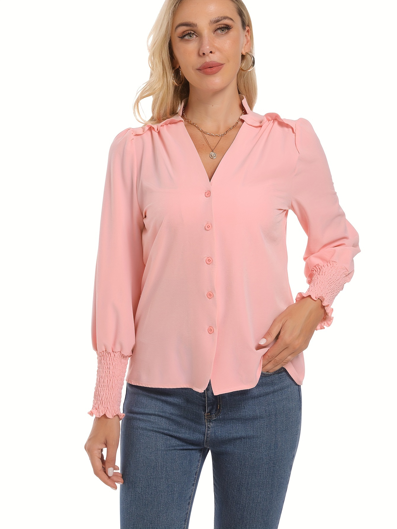 Button Front V Neck Shirred Blouse Casual Lantern Sleeve Temu Canada